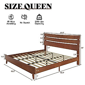 VanAcc Queen Size Solid Wood Bed Frame, Mid Century Platform Bed with Slatted Headboard, Wood Slat Support/No Box Spring Needed/Noise Free/Walnut