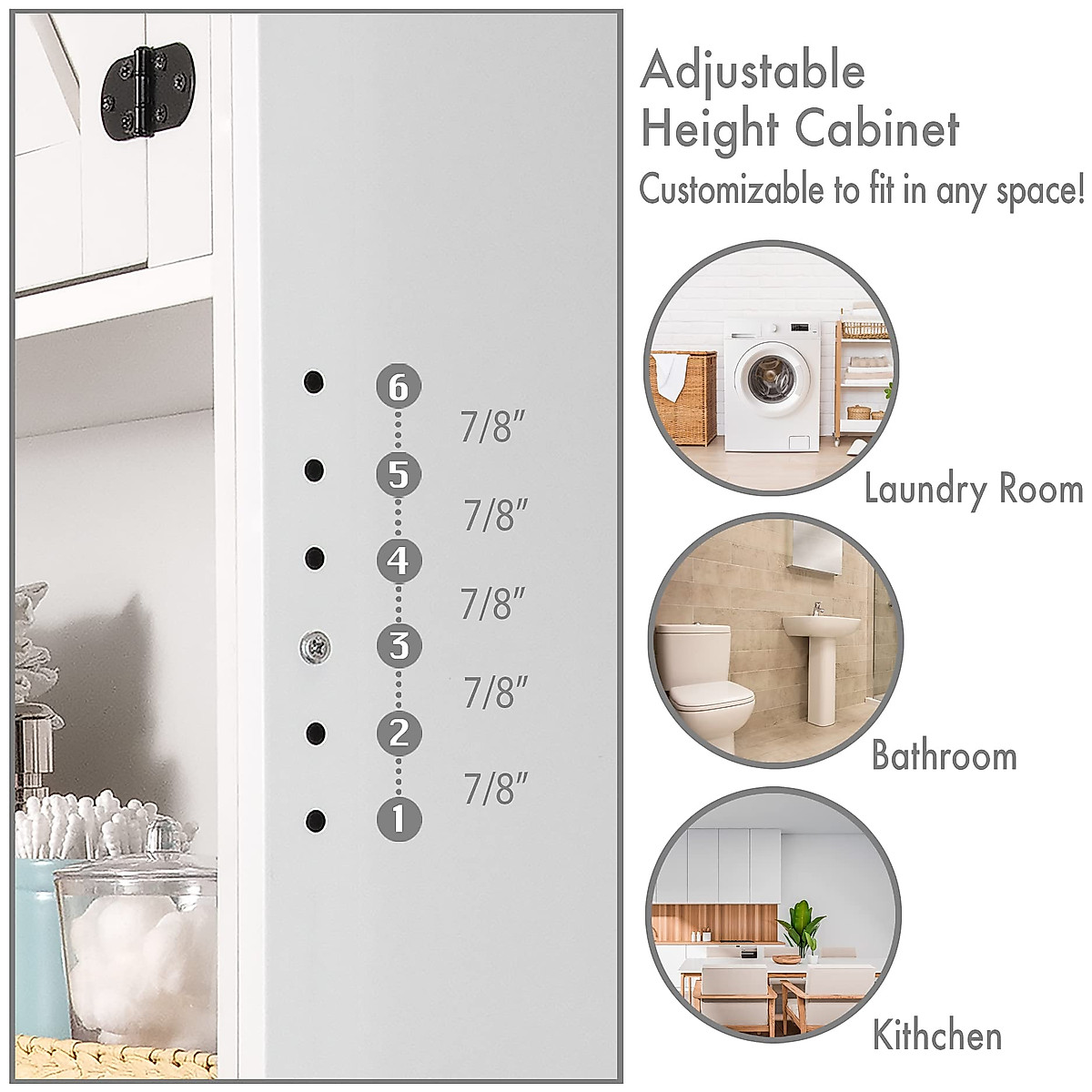 Stephan Roberts Washer or Over The Toilet Storage Cabinet w/Height Adjustable Shelf Laundry Room/Bathroom Organizer, 2-Door Freestanding Rack Space Saver, White