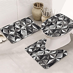 Dwrepo 3 Piece Bathroom Rug Flannel Absorbent Non-Slip Bath Mat Diamond Pattern Print Washable Floor Mat Ultra Soft U-Shaped Contour Mat for Toilet Lid Cover Bathroom Bedroom Tub 31.5 X 20 in