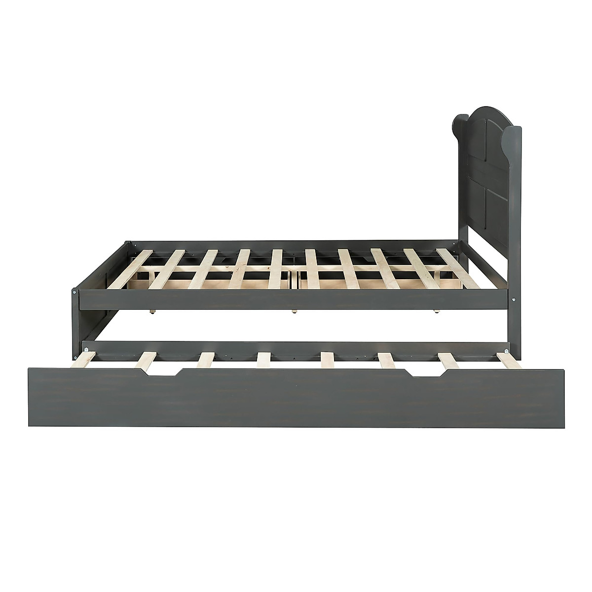 BOVZA Queen Size Platform Bed Frame with Headboard, Twin Size Trundle and 2 Drawers, Antique Gray