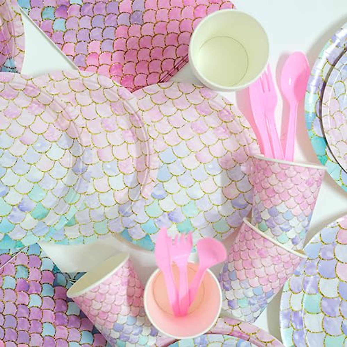 Mermaid Party Supplies Pink Mermaid Birthday Party Decorations Including Plate, Napkin, Cup, Tablecover, Happy Birthday Backdrop, Pink Mermaid Balloon Arch Kit for Girls Baby Shower, Serves 20