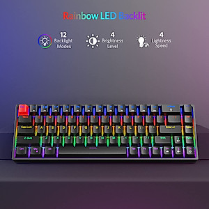 TEWELL 68 Keys Wired Compact Mechanical Gaming Keyboard with Audible Click Sound Blue Switches, Rainbow Backlit Portable Computer Keyboard for Windows Gaming PC