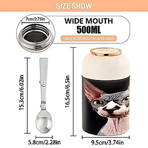CUPADA Vivid Hairless Cat Food Jar, Cute Kitten Insulated Hot Food Jars Vacuum 17OZ with Folding Spoon for Work Trip Picnic Camping