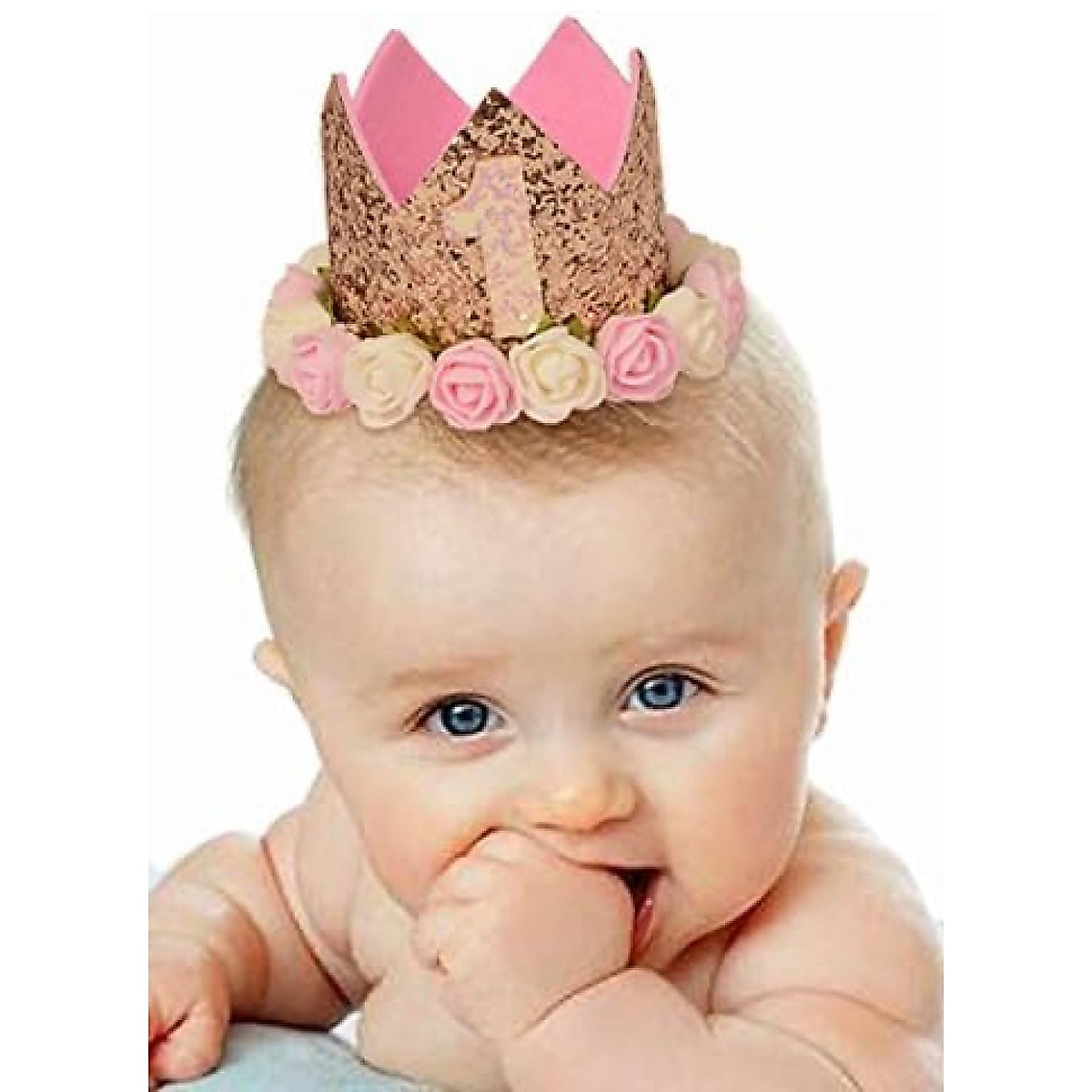 FIRST BIRTHDAY DECORATION SET FOR GIRL- 1st Baby GIRL Birthday Party, Stars Paper Garland, Gold Cake Topper "One", Pink Banner, Pink Fiesta Hanging Paper Fan Flower, Pink Baby Hat (Pink)