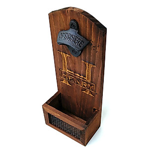 Personalized Wall Mount Rustic Walnut Wooden Bottle Opener with Cap Catcher, Wall Mounted Bottle Opener, Groomsman Gift Best Man Gift Birthday Gift Wedding Gift for Him