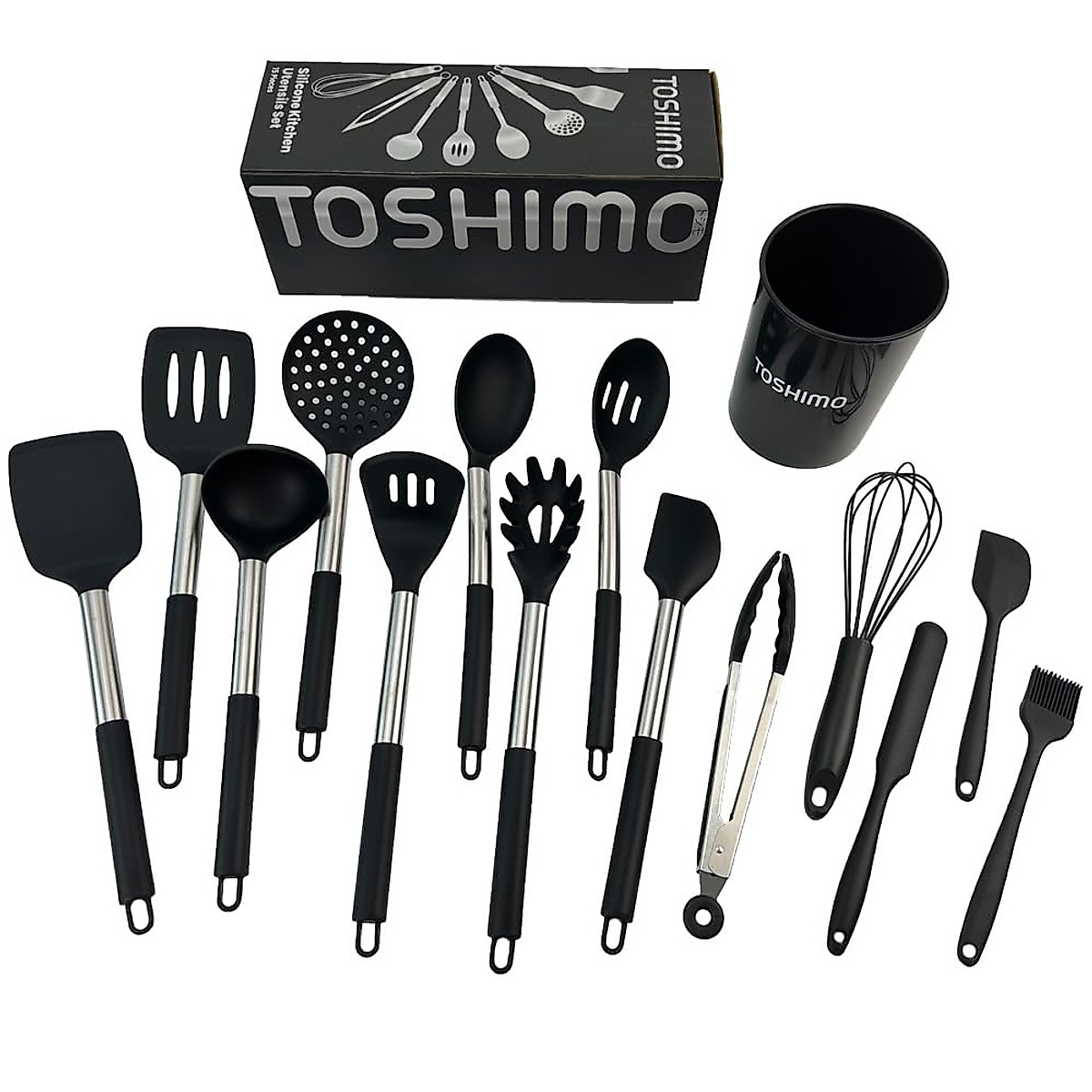 15 Pieces Silicone Kitchen Utensil Set with Holder | Non Slip Stainless Steel Cooking Tool |Spatulas, Spoon, Ladle, Pasta Server, Turner, Tongs, Whisk & More | Heat Resistant 446°F | BPA Free (Black)