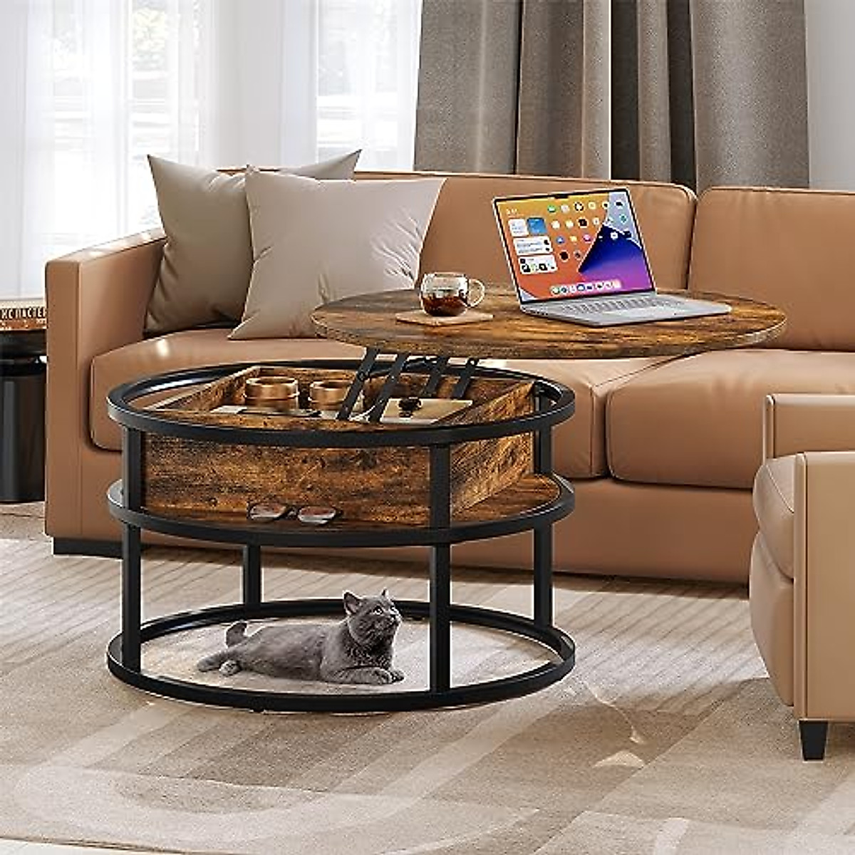 YITAHOME Round Lift Top Coffee Table, Coffee Tables with Living Room with Hidden Storage Compartment, Coffee Table with Storage for Home Office,Circle Center Tables Living Room,Rustic Brown