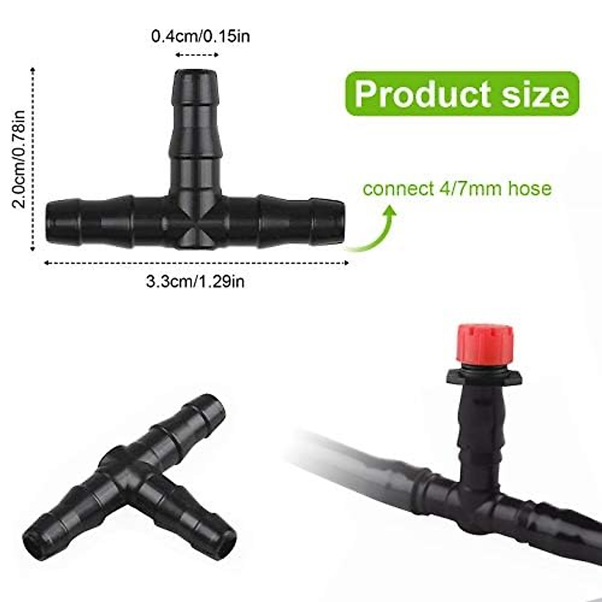 300pcs 1/4" Universal Barbed Tee Fittings, Kalolary Barbed Connectors Drip Irrigation Fits for 4/7mm Water Hose Drip Irrigation Watering System