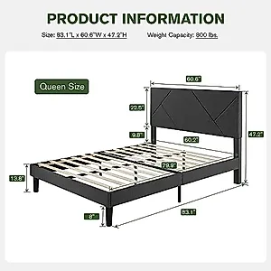 IMUsee Queen Size Bed Frame, Upholstered Bed Frame with Geometric Headboard, Heavy Duty Mattress Foundation with Wooden Slats, Easy Assembly, Dark Grey