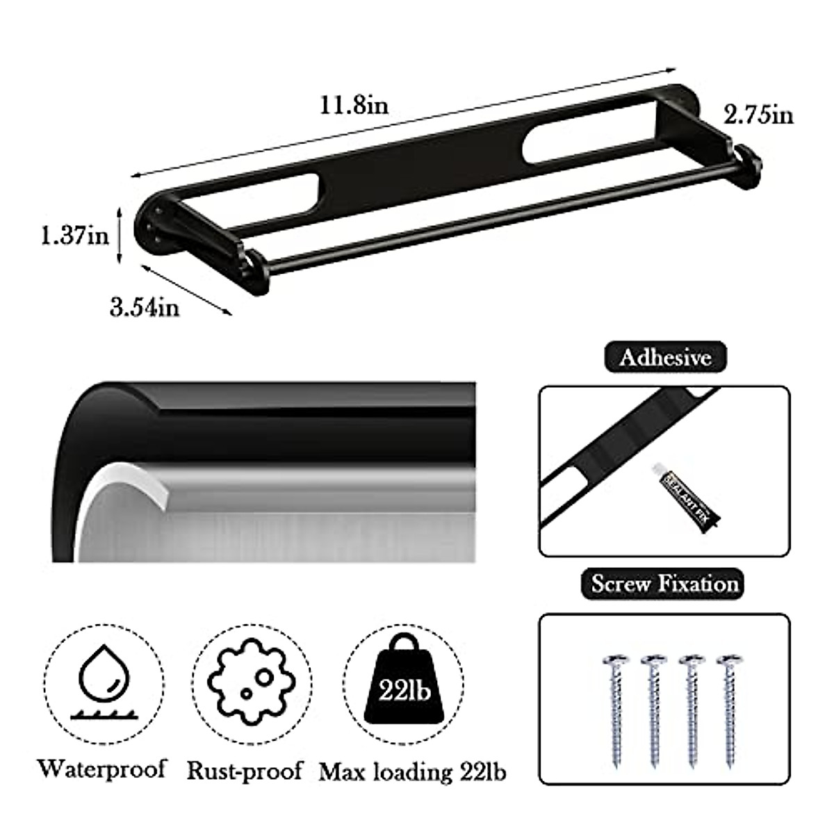 Ayybboo Paper Towel Holder,Under Cabinet Paper Towel Holder,Alloy Steel Foldable Wall Mounted Towel Large Roll Adhesive Bag Holder with Adhesive and Screw for Kitchen,Pantry,Bathroom 13.8in(Black)
