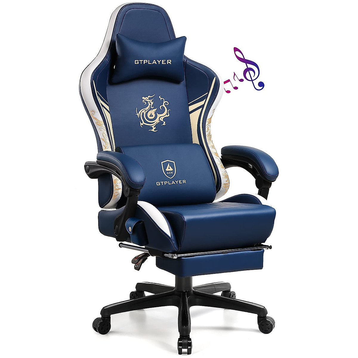 GTPLAYER Gaming Chair with Bluetooth Speakers and Footrest, Dragon Series Video Game Chair ，Heavy Duty, Ergonomic, Esports Computer Office Chair Blue (Royal Blue)