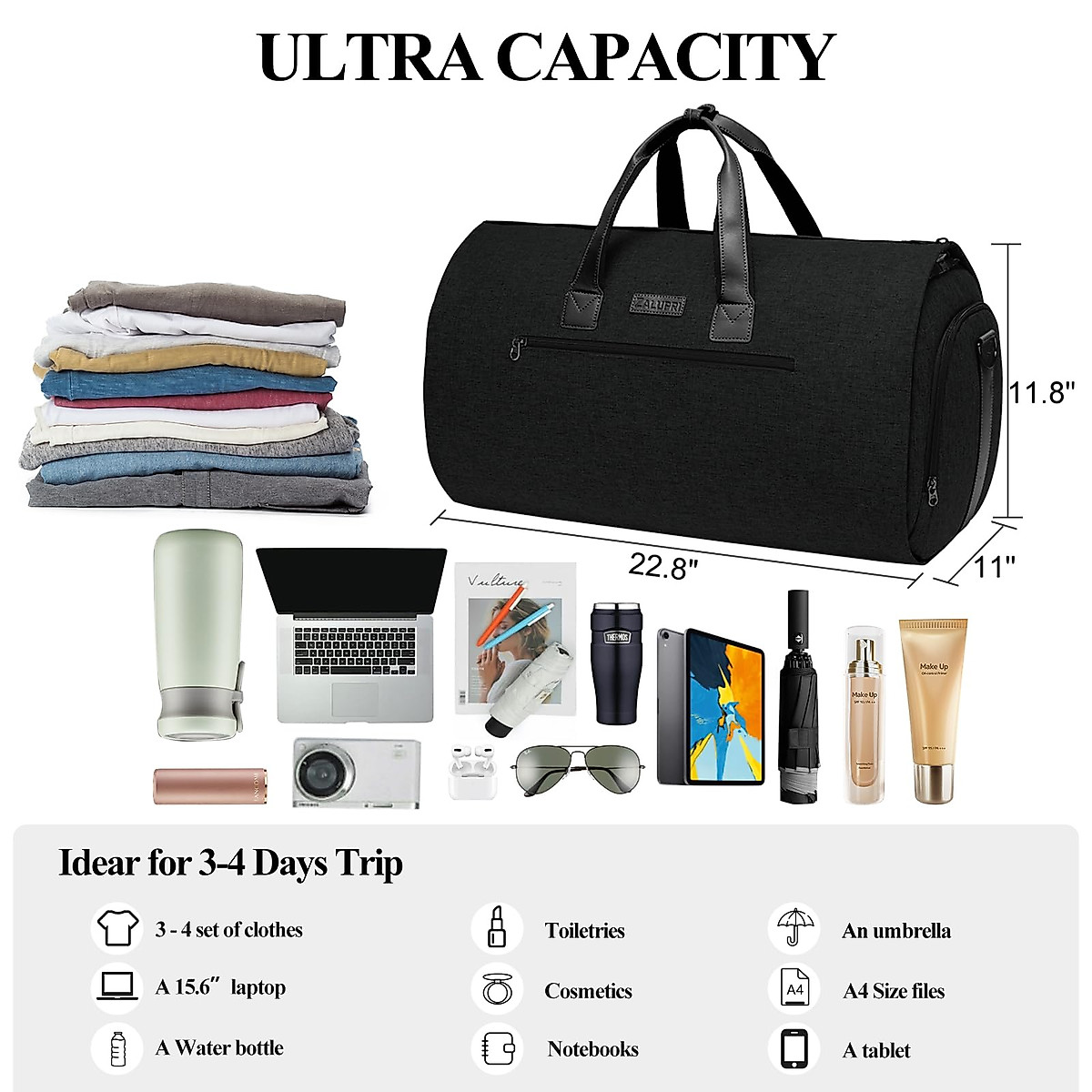 Suit Garment Bags for Men Travel, zalupri Convertible Carry on Garment Bags with Shoulder Strap - 2 in 1 Hanging Suitcase Suit Duffel Bag for Men Women, Black