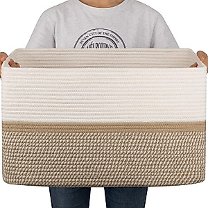 OIAHOMY 75L Laundry Basket, Extra Large Toy Storage Basket, Rectangle Cotton Rope Storage Basket, Blanket Basket Living Room, Woven Baskets for Storage, 22 x 17 x 12 Inches-Yellow/White