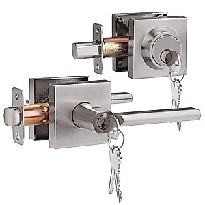HOSOM Entrance Door Lock Set with Single Cylinder Deadbolts Combo Pack, Modern Slim Square Door Lever for Exterior and Interior Door, Satin Nickel