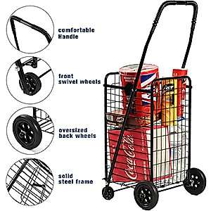 Utility Cart with Wheels to be Used as a Shopping Cart,Folding Shopping cart,Grocery Cart, Laundry Cart and Stair Climber Cart, Weighs 7.5 Pounds but Holds up to 90 Pounds, Compact and Foldable,Black