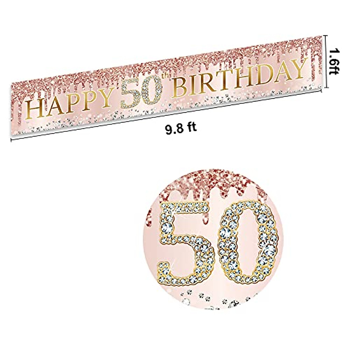 50th Birthday Banner Decorations for Women, Pink Rose Gold Happy 50 Birthday Sign Party Supplies, Large Fifty Year Old Birthday Decor for Outdoor Indoor(9.8x1.6ft)