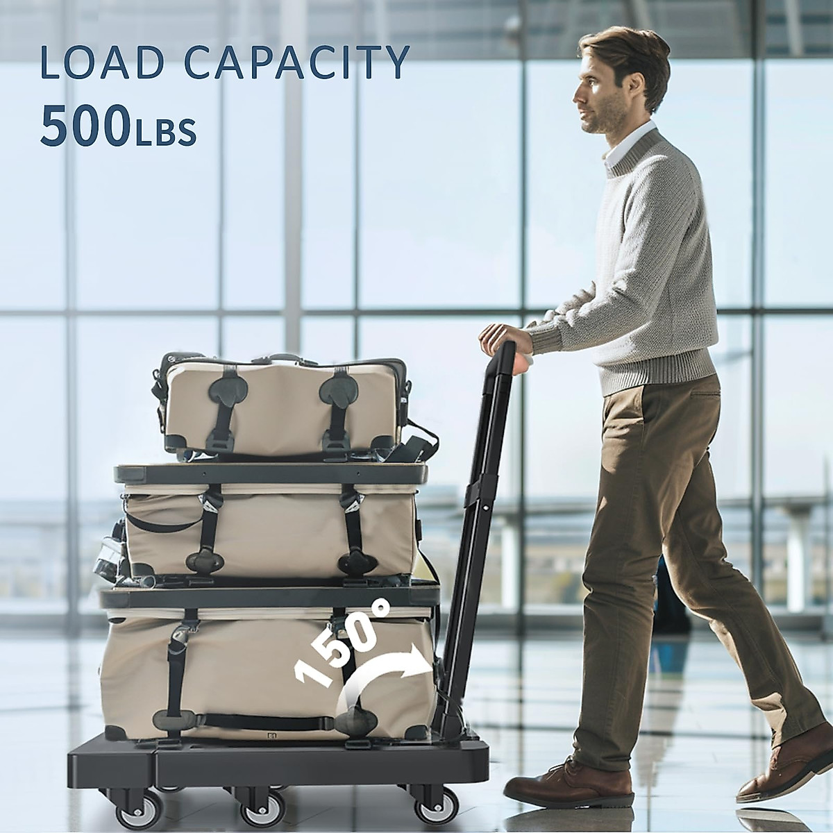 CasaCulina Folding Hand Truck, 500 LB Heavy Duty Folding Truck Dolly Cart, Portable Extendable Base Collapsible Luggage Cart with 6 Wheels & 2 Elastic Ropes for Moving Travel Shopping Airport Office