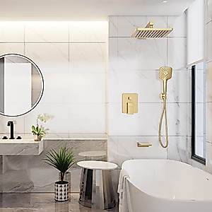 Gabrylly Shower System with Tub Spout, Wall Mounted Shower Faucet Set for Bathroom with High Pressure 10" Rain Shower head and 3-Setting Handheld Shower Head Set,Brushed Gold