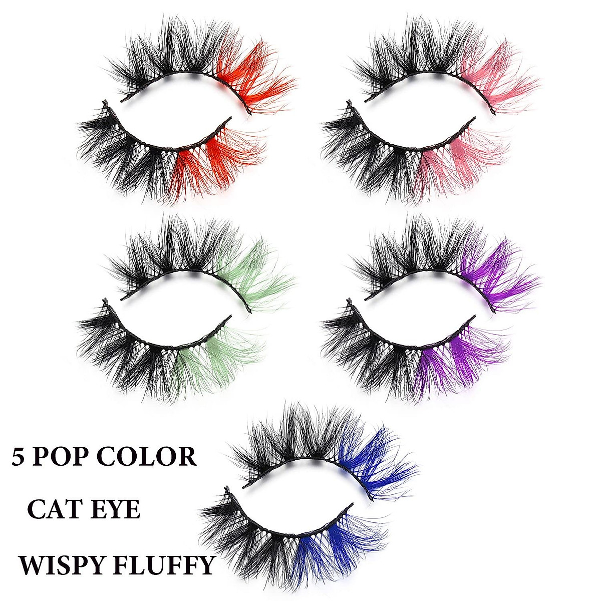 gootrades 2023 5 Pairs Colored False Eyelashes Pack, 3D Fluffy Faux Mink Color Eye Lashes Strip Wipsy Multicolored Two-Toned Fake Lashes for Daily Christmas Cosplay, Red/Pink/Blue/Green/Purple Lashes on the End