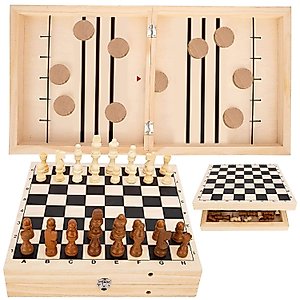 Sling Puck Game, Chess Game Set, Fast Sling Puck Game with Chess Game, 2 in 1 Board Game Set, Large Size 22.7 in x 12.5 in, Wooden Hockey Table Game