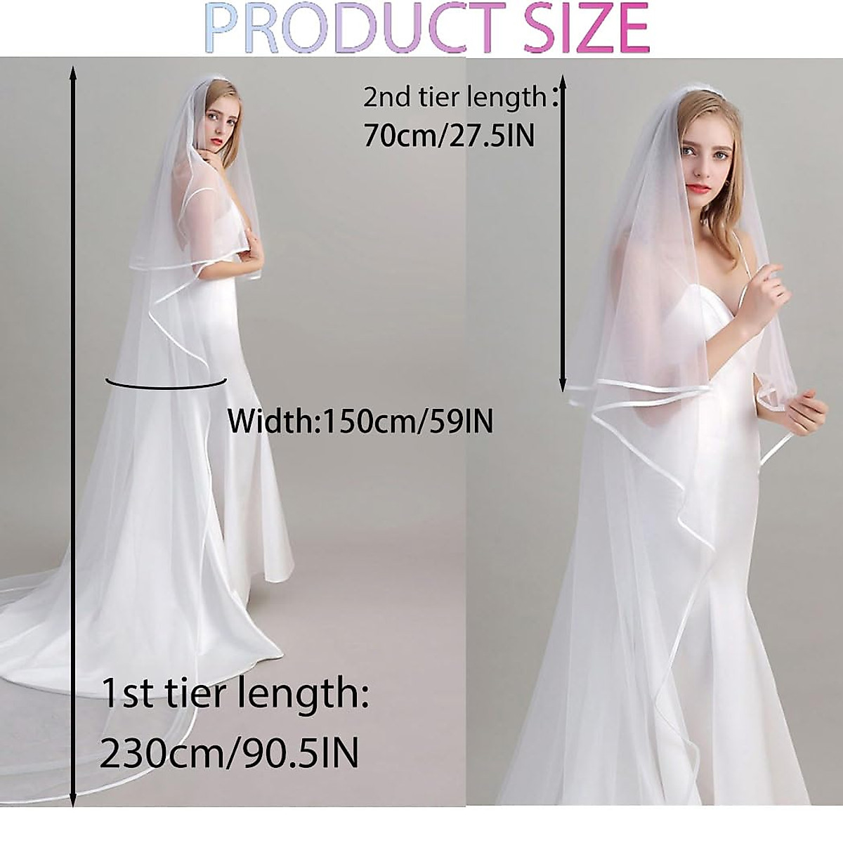 Unsutuo 2 Tiers Bride Wedding Veil Ivory Ribbon Cathedral Veil Bridal Veil for Women