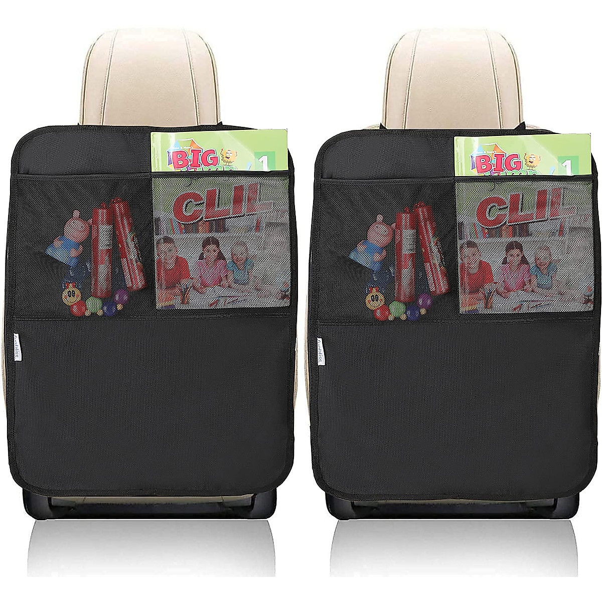 funbliss Duty Kick Mats(2 Pack),Back Seat Protector for Kids,Premium Waterproof Fabric, Reinforced Corners to Prevent Sag,2Reinforced Storage Pockets,Universal Fit,Black