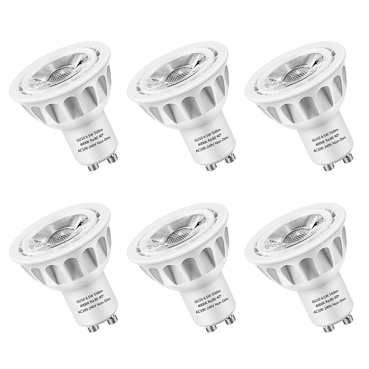 SZGMJIA GU10 LED Bulbs, LEDMEI 6 Pack GU10 Led Light Bulbs, 50W Halogen Bulb Equivalent, 120 Volt, 6.5W 550lm, 4000K Natural White, 40° Beam Angle Spotlight, UL Listed, Non-Dimmable