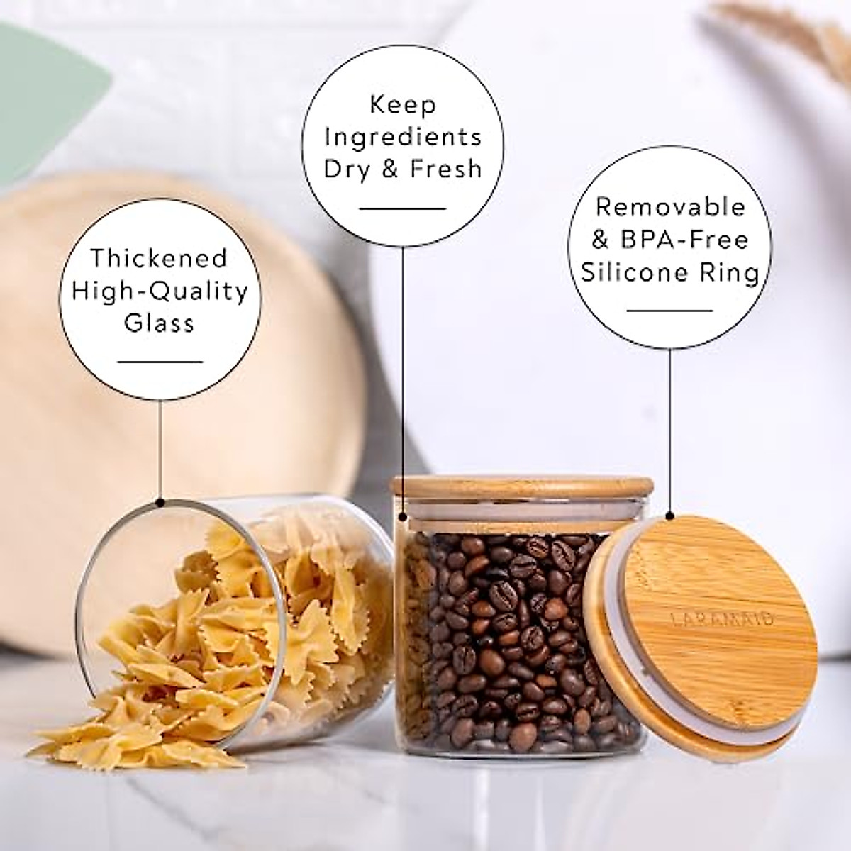 Laramaid Glass Jar Set (3x22oz/3x35oz) Set of 6 with 160 Minimalist Pantry Labels, Round Canister Jars with Bamboo Lids and Transparent Customized Sticker Labels, Food Storage Containers