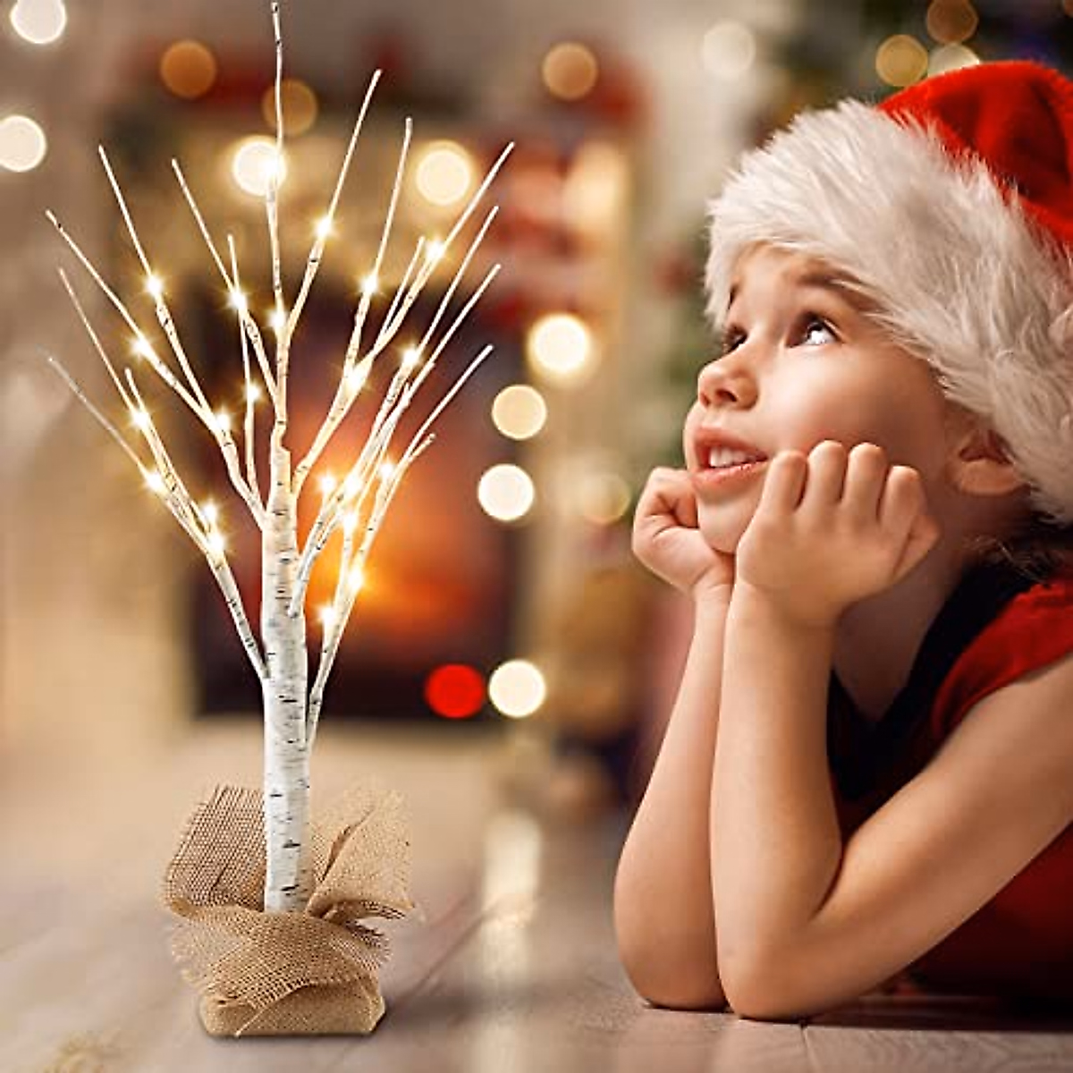 Lighted Birch Tree, 2pcs 24”H Tabletop Tree Light with Burlap Decor, Pre-Lit 24 LED Warm White Lights, Timer Function, Money Tree Perfect for Spring Home Centerpiece Decor, Indoor&Outdoor Use