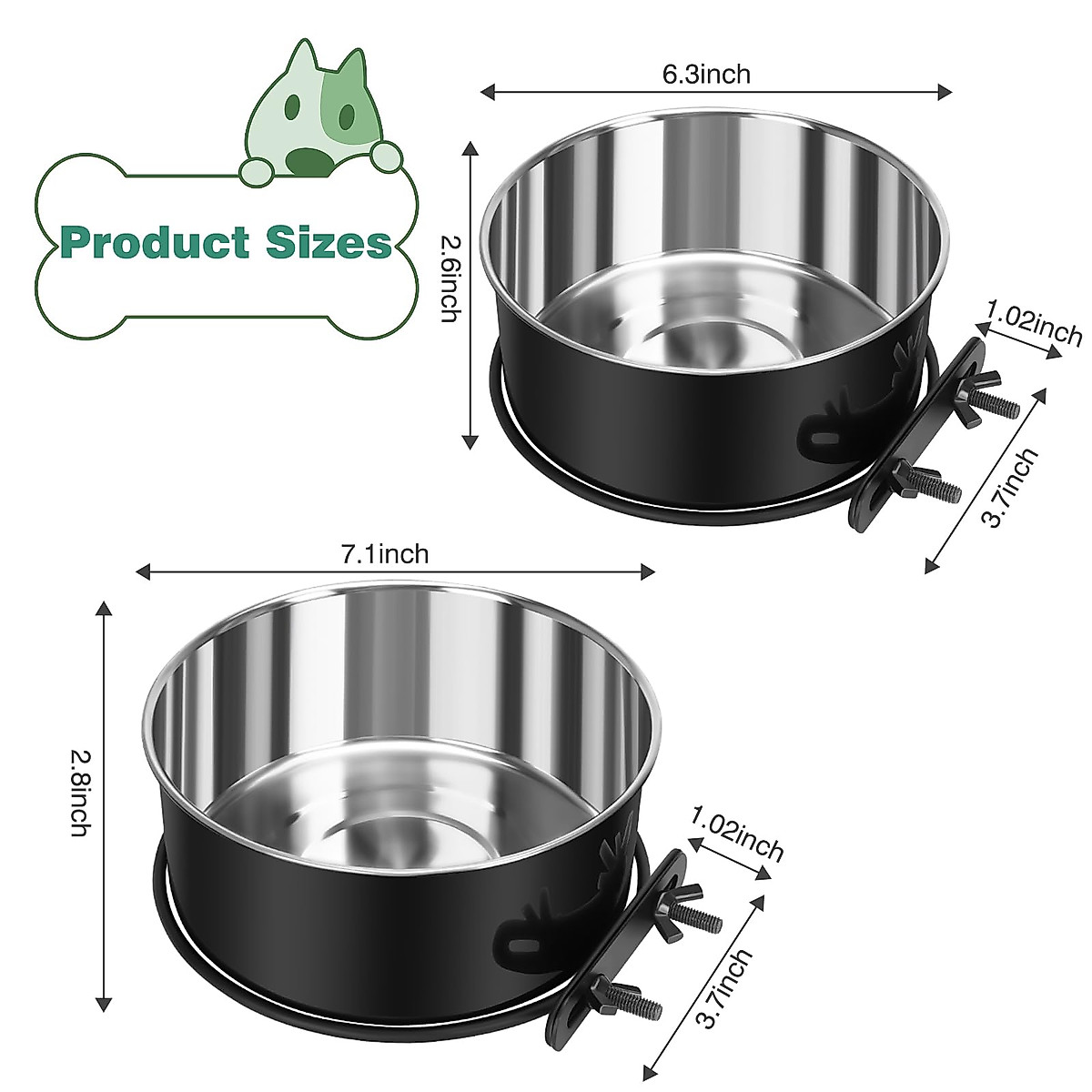 Dog Crate Water Bowl No Spill, 2 Pack Dog Crate Bowls Hanging, Kennel Water Food Bowls Mountable, Pet Cage Accessories Feeder Dish, Large Stainless Steel Coop Cup for Cat Puppy Bunny Guinea Pig Ferret