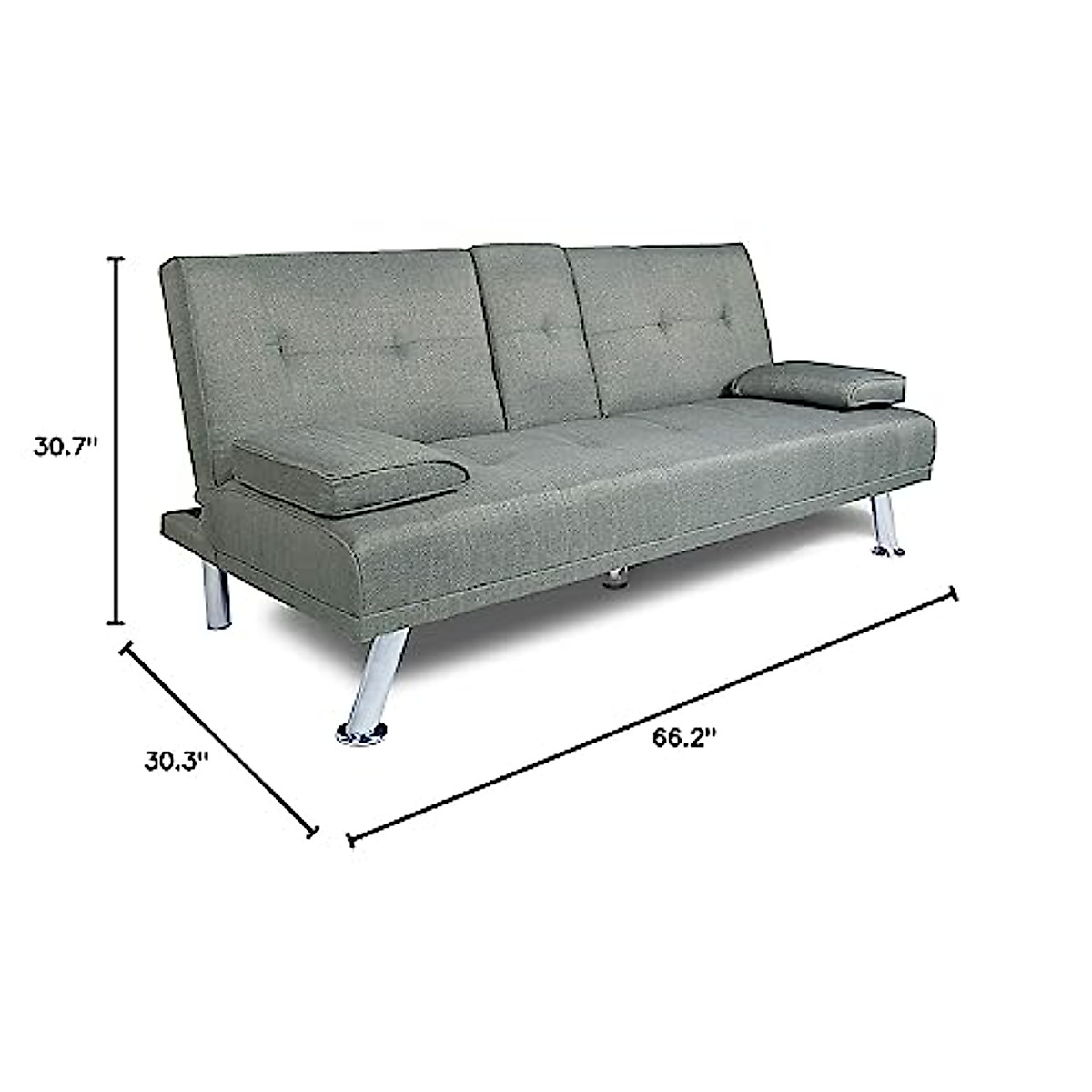ERYE Modern Futon Loveseat Convertible Sleeper Bed for Living Room Apartment Small Space Furniture Sets with 2 Cup Holders Metal Legs,Removable Soft Pillow-Top Armrest, Sofa & Couch, Light Grey