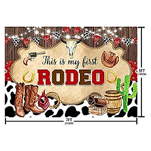 AIBIIN 7x5ft My First Rodeo 1st Birthday Backdrop Western Cowboy First Bday Photo Photography Background Cow Print Wild West Rustic Wood Boot Hat Party Decorations Banner Photo Shoot Studio Props