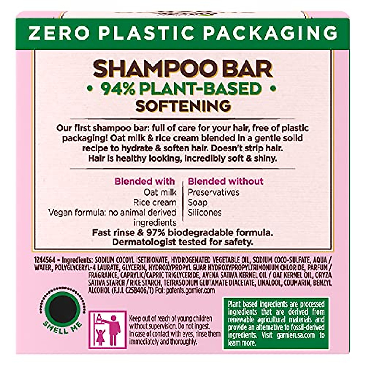 Garnier Haircare Whole Blends Oat Delicacy Softening Shampoo Bar for Fine Hair, Zero Plastic Packaging, Preservative/ Silicone/Soap & Dye Free, with Rice Cream and Responsibly Sourced Milk, 2.0 Oz