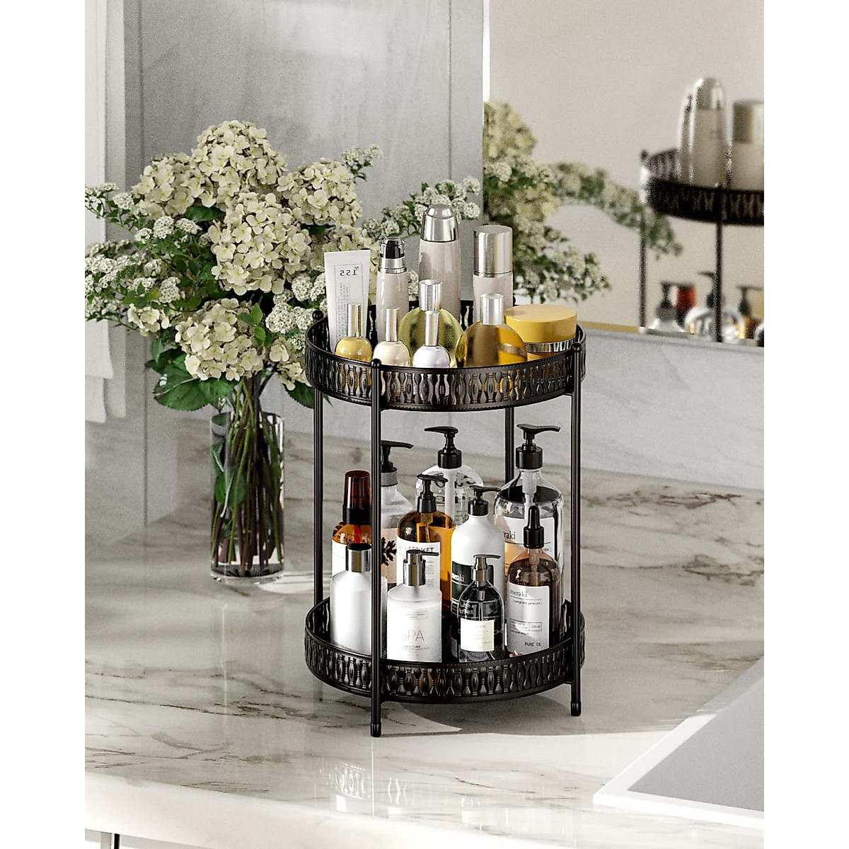 EKNITEY Bathroom Tray Organizer Counter - 2 Tier Countertop Organizers for Makeup Vanity Skincare Perfume Cosmetics (Black)