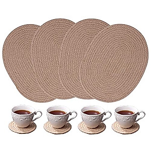 WENFOME 4 Pack Oval Jute Woven Placemats and Set of 4 Round Fabric Coasters, Cotton Braided Placemats Set, Dining Table Mat, Heat-Resistant Pot Holders, 12 * 16'' Washable Place Mats