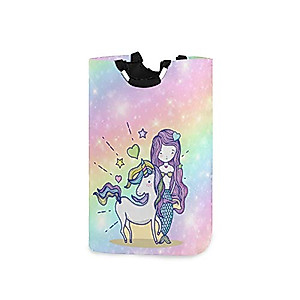 ALAZA Cute Laundry Hamper Kids Girls, Fabric Laundry Bakset Collapsible, Dirty Clothes Hamper, Rainbow Magic Unicorn Mermaid Girl