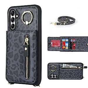 DEYHU for Samsung Galaxy A14 5G Case with Card Holder and Strap for Women,Crossbody Lanyard,Ring Stand,Snap Clasp,Phone Wallet Case - Black Leopard