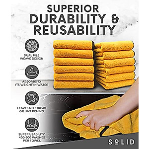 Solid Multipurpose Plush Microfiber Cleaning Cloth - Cleaning Towel for Household, Car Washing, Drying & Auto Detailing - 12" x 12" (Yellow, 12)