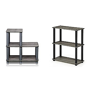 Furinno Turn-N-Tube Accent Decorative Shelf, French Oak/Grey & Turn-S-Tube 3-Tier Compact Multipurpose Shelf Display Rack, Square, French Oak Grey/Black