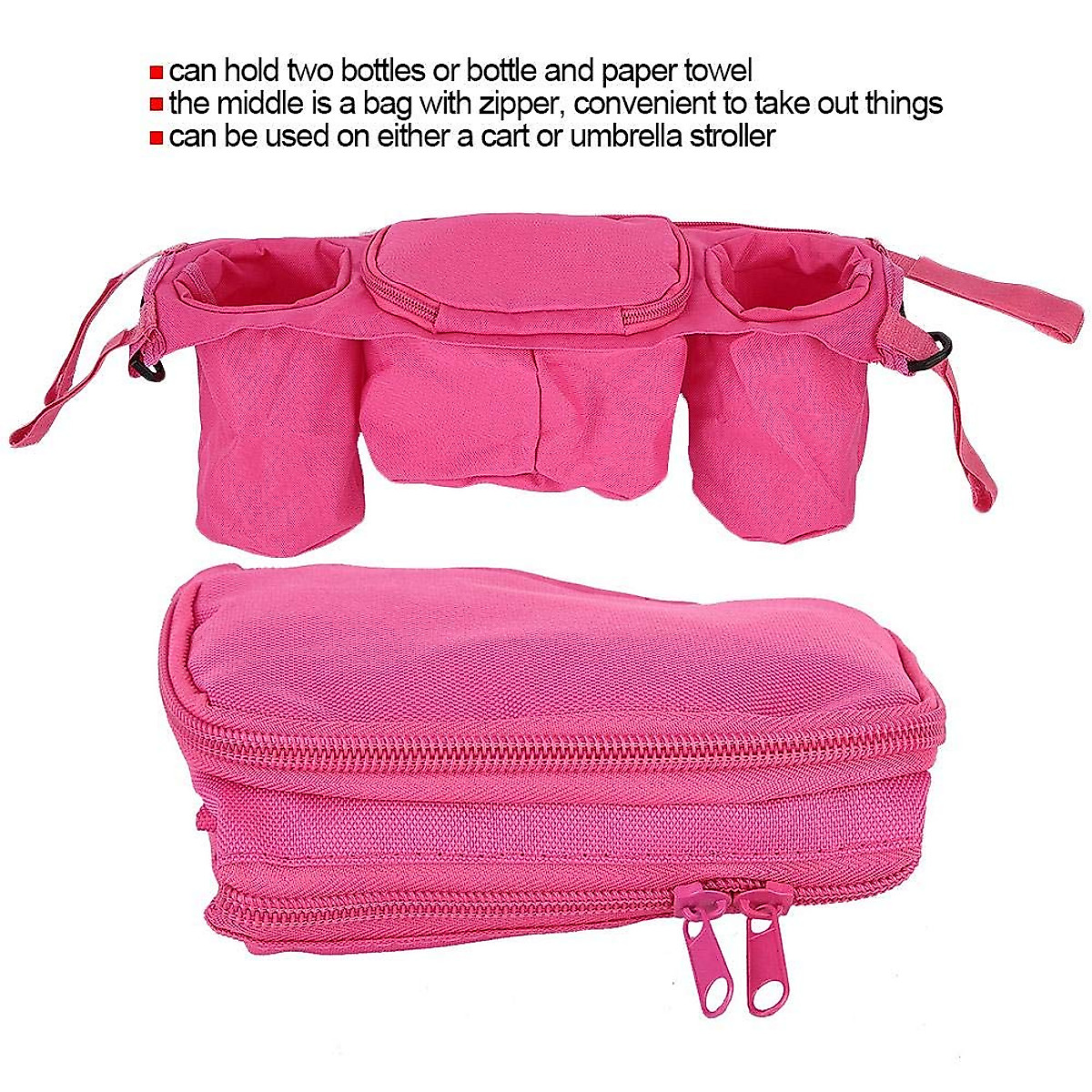 Stroller Organizer with Cup Holder, Zipper Design Durable Stroller Organizer Bag, Hook & Loop Design Cart for Umbrella Stroller(Pink)