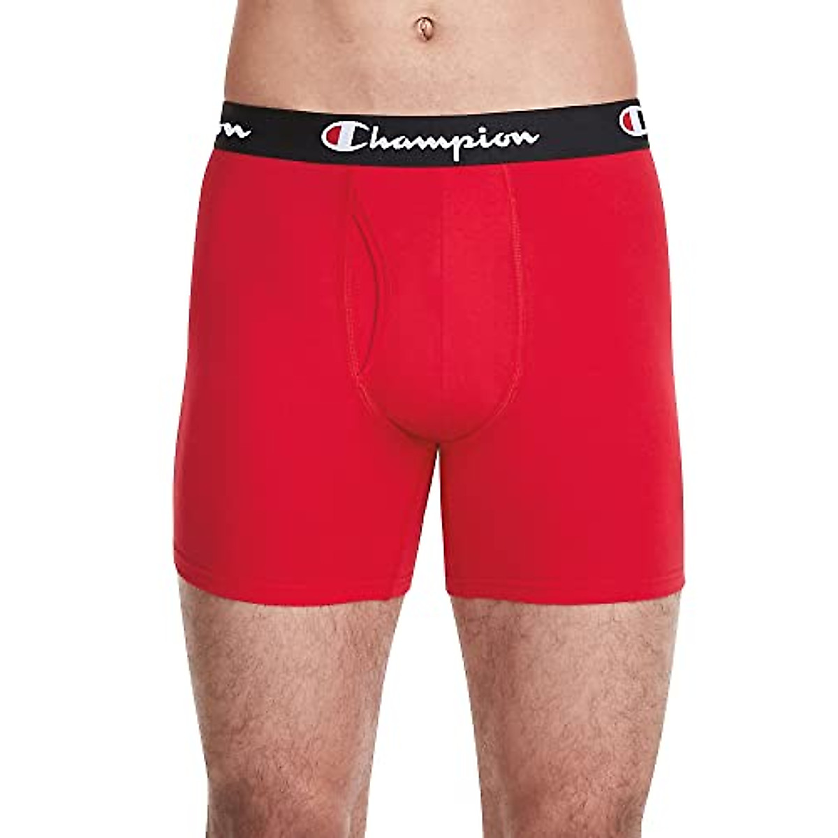 Champion Men's Boxer Briefs, Every Day Comfort Stretch Cotton Moisture-Wicking Underwear, Multi-Pack, Blue White Script Logo/Black/Red-3 Pack, Medium