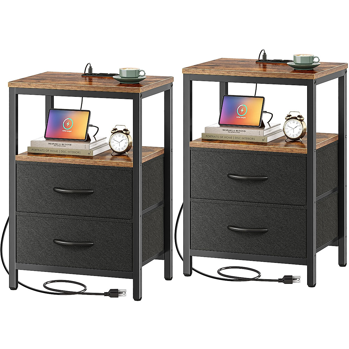 Huuger Nightstands Set of 2, End Tables with Charging Station, Side Tables with Fabric Drawers, Bedside Tables with USB Ports and Outlets, Night Stands for Bedroom, Rustic Brown and Black
