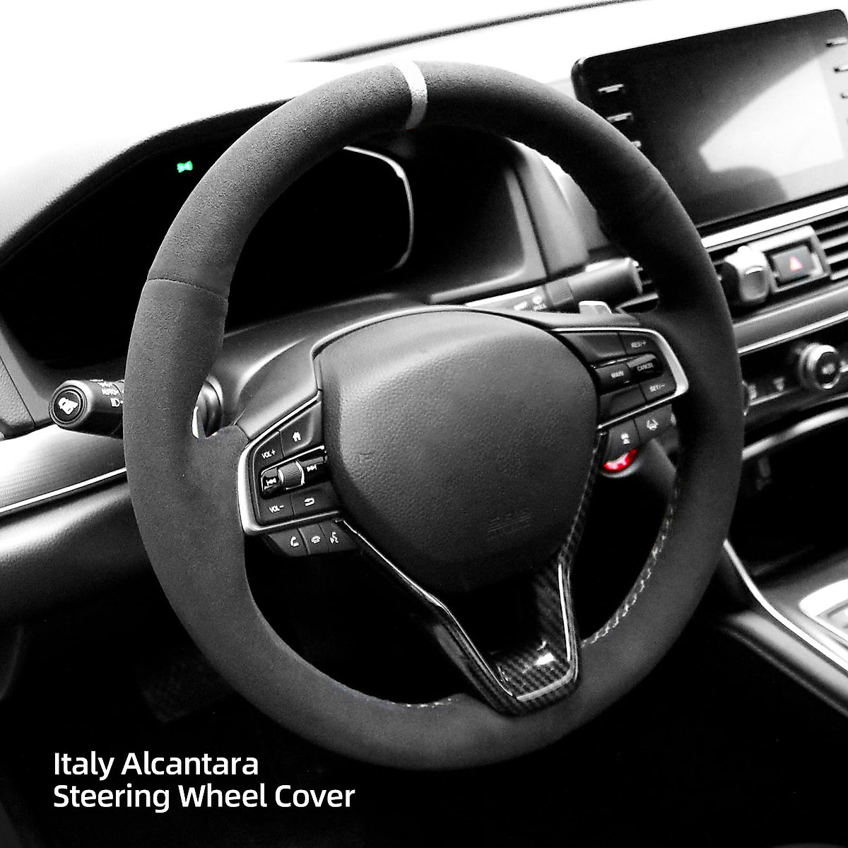 Alfanxi Hand Stitch Alcantara Steering Wheel Cover Compatible with Honda Accord Hybrid Insight 2018-2023 (White Stripe)