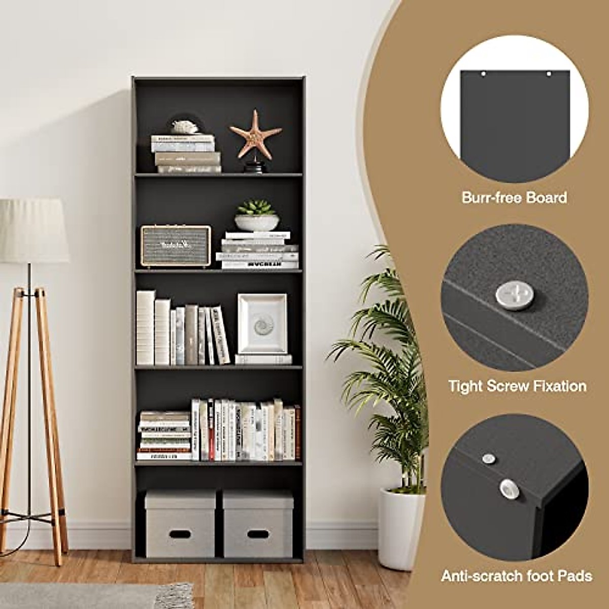 Tangkula 5-Shelf Bookcase, 23.5''L x 9.5''W x 67''H, Multi-Functional Wood Storage Display Open Bookshelf for Home Office (Black)
