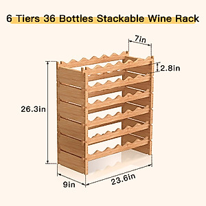 JOHAHTANG 36 Bottle Stackable Wine Rack - 6-Tier Bamboo Wine Bottle Rack for Bar, Kitchen and Cellar Wine Bottle Display Rack