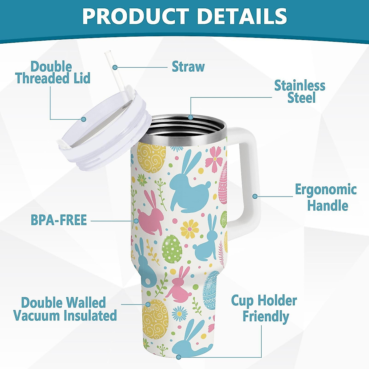 Emelivor Easter Rabbit Bunny 40 oz Tumbler with Lid and Straw Insulated Tumblers with Handle Thermal Stainless Travel Coffee Mug Cup Water Bottle for Women Men Sports Gym
