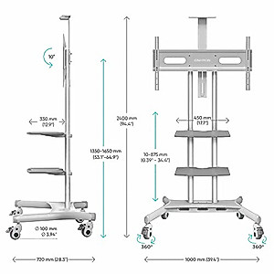 ONKRON Mobile TV Stand for 50-83 Inch LCD LED OLED TVs up to 200 lbs with TV Mount Tilt Adapter up to 10 Degrees and Swivel Locking Caster Wheels TS1881 White+ATL1881+AWL75wht (3 Items Bundle)