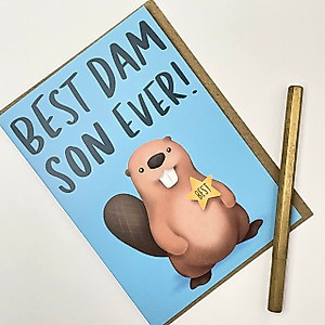 Old English Co. Best Dam Son Ever Birthday Greeting Card - Beaver Pun Funny Birthday Card for Son - Cute Card from Mum and Dad - Congratulations Well Done Son Card | Blank Inside with Envelope