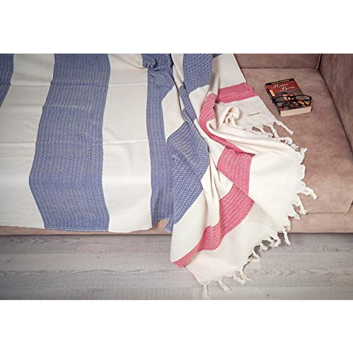 Bersuse 100% Cotton Aspendos XL Throw Blanket Turkish Towel - 60x90 Inches, Dark Blue-Red