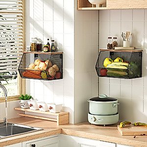 Stackable Fruit Basket for Kitchen Countertop Space Saving, Wall Mounted Mesh Metal Wire Baskets with Wood Lid Extra Storage, 2 Pack Kitchen Counter Organizer for Snack, Onion and Potato Storage